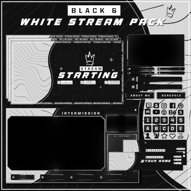 Premium Black and White Twitch Overlays Full Stream Package Black ...