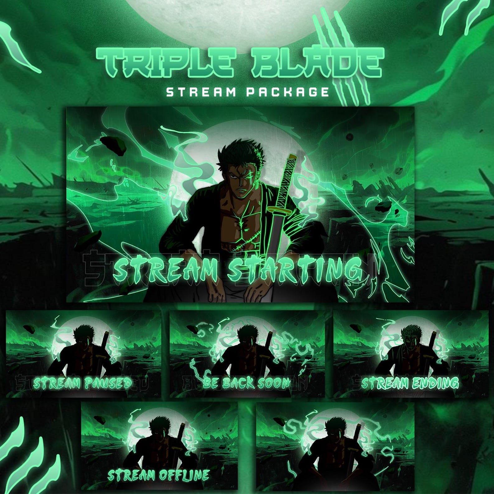 Triple Blade Anime Twitch Overlays Full Stream Package Green Stinger ...