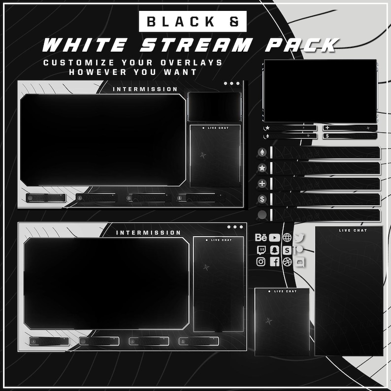 Premium Black and White Twitch Overlays Full Stream Package Black ...