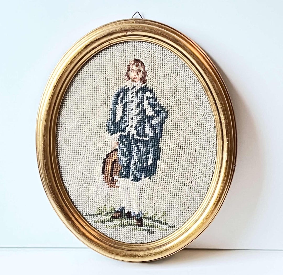 Vintage Needlepoint Victorian "the Blue Boy" With Gold Tone Wooden ...