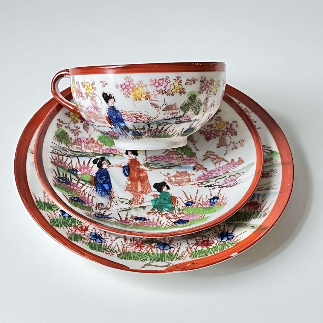 Vintage 1950s Japanese Geisha Tea Cup Trio: Hand-painted Porcelain Set ...