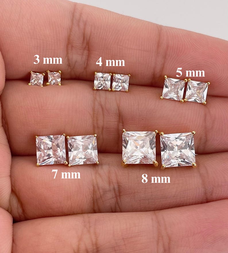 Gold Square Diamond Stud Earrings | 18k Gold-plated Sterling Silver ...