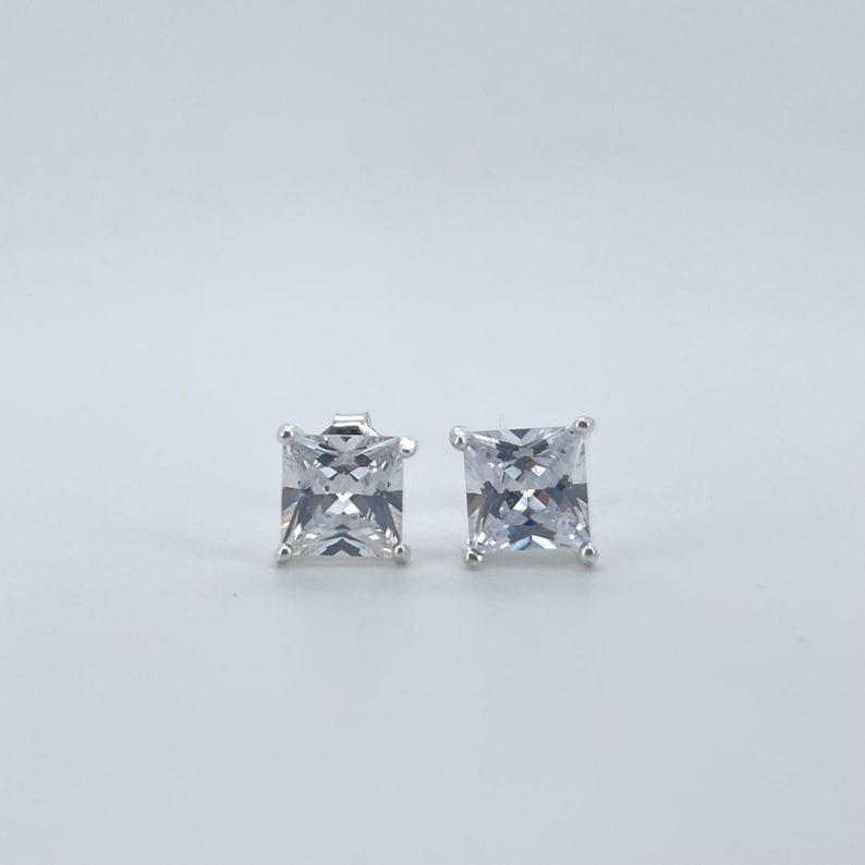 Silver Square Diamond Stud Earrings | Sterling Silver Studs | CZ ...