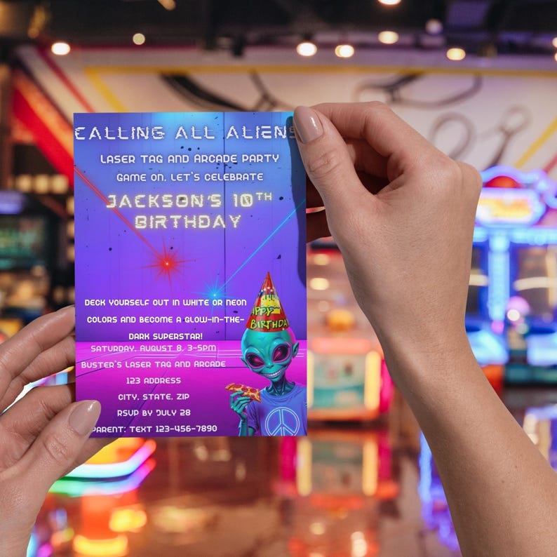 Laser Tag and Arcade Alien Themed Birthday Invitation, Neon/glow in the ...