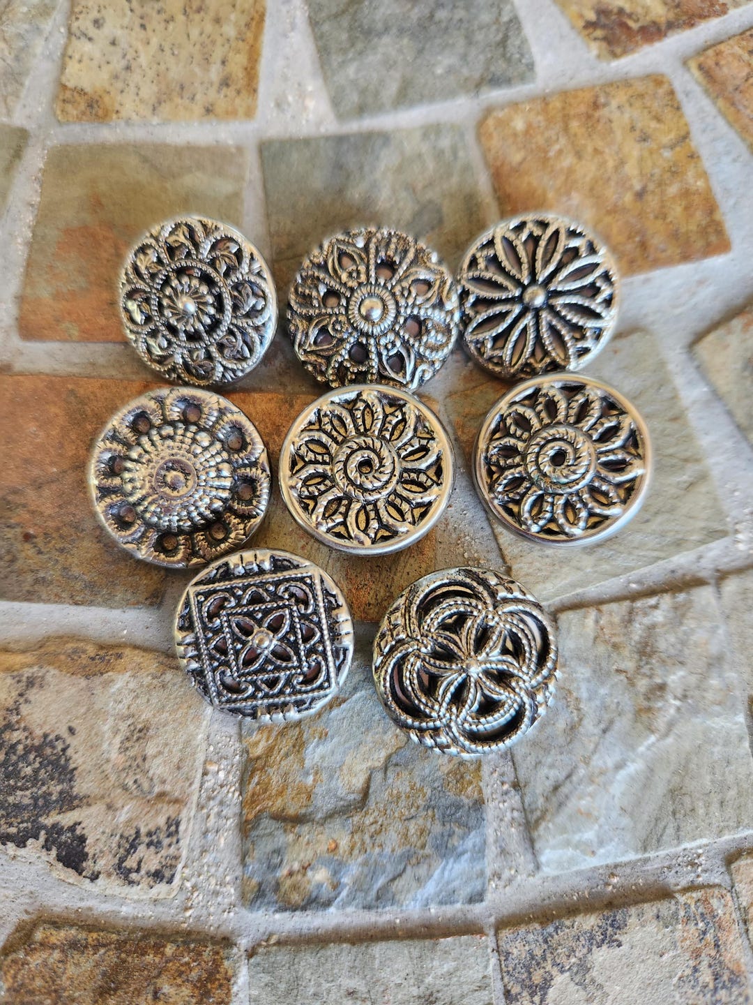 Antique Metal Buttons, Twinkle Buttons, Silver Tone, Floral, Mid 1800's ...