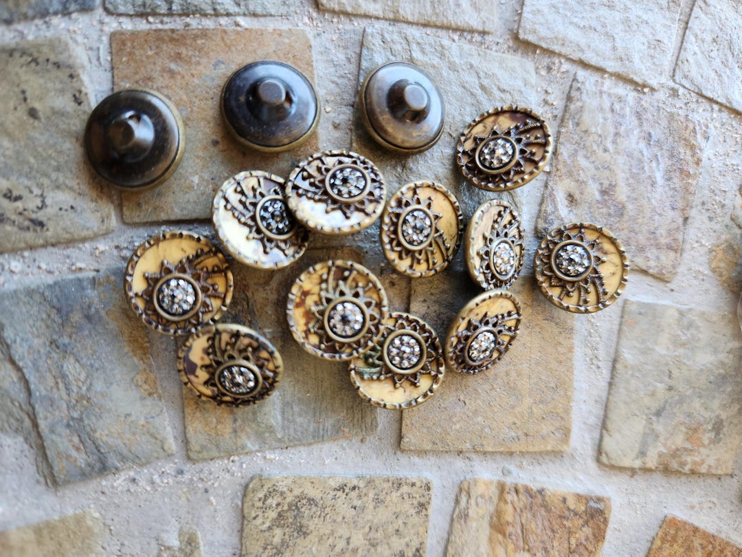Antique Metal Buttons, Twinkle Buttons, Brass and Cut Steel, Mid 1800's, Victorian Era, 6 in Lot ...