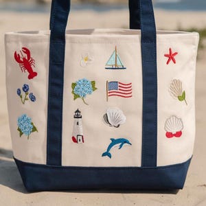 Coastal Themed Embroidered Boat Tote Bag, Ocean Shell Canvas Bag, Tote ...