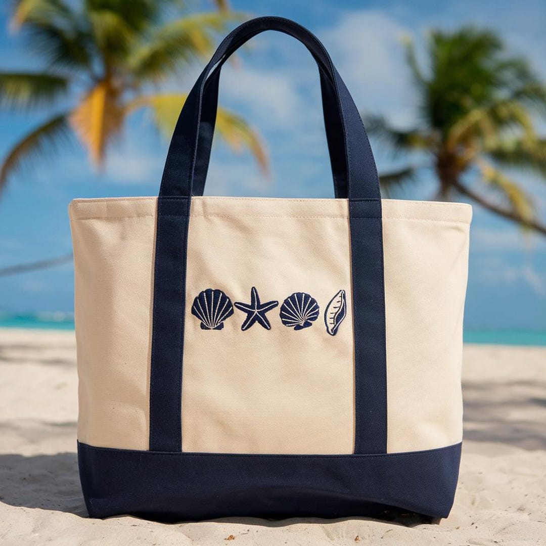 Sea Shells 90s Vintage Style Embroidered Boat Tote Bag, Ocean Shell Bag ...