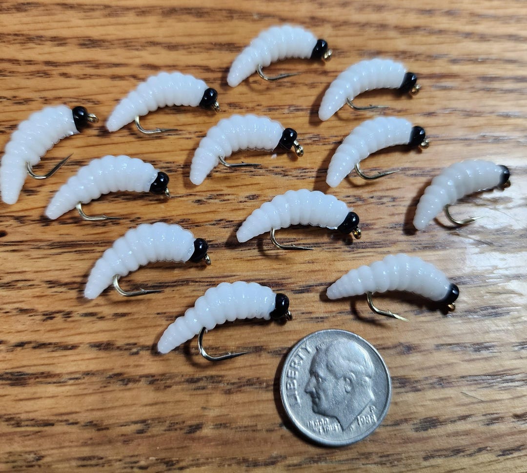 1 DZN - Org BH Rubber Grub Worm - White - Trout, Panfish, Ice Fishing ...