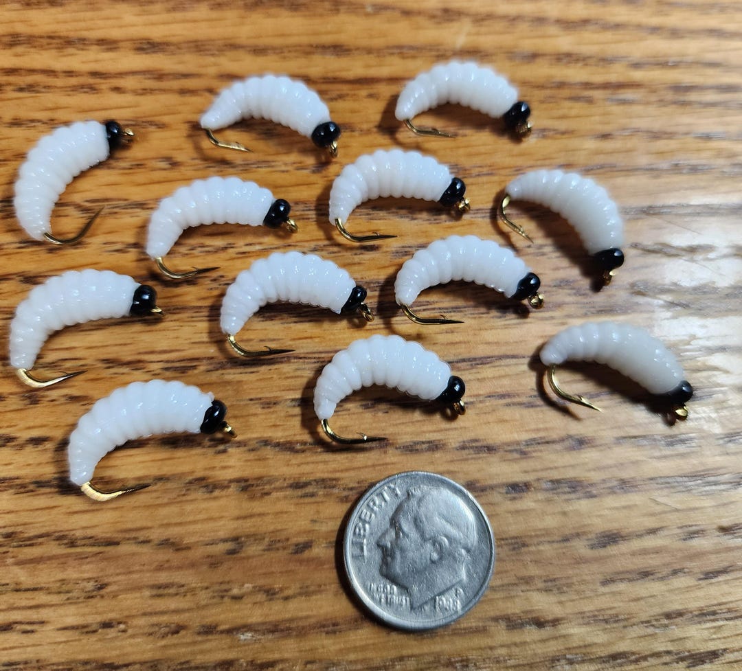 1 DZN - BH Rubber Grub Worm Maggot - White - Trout, Panfish, Ice ...