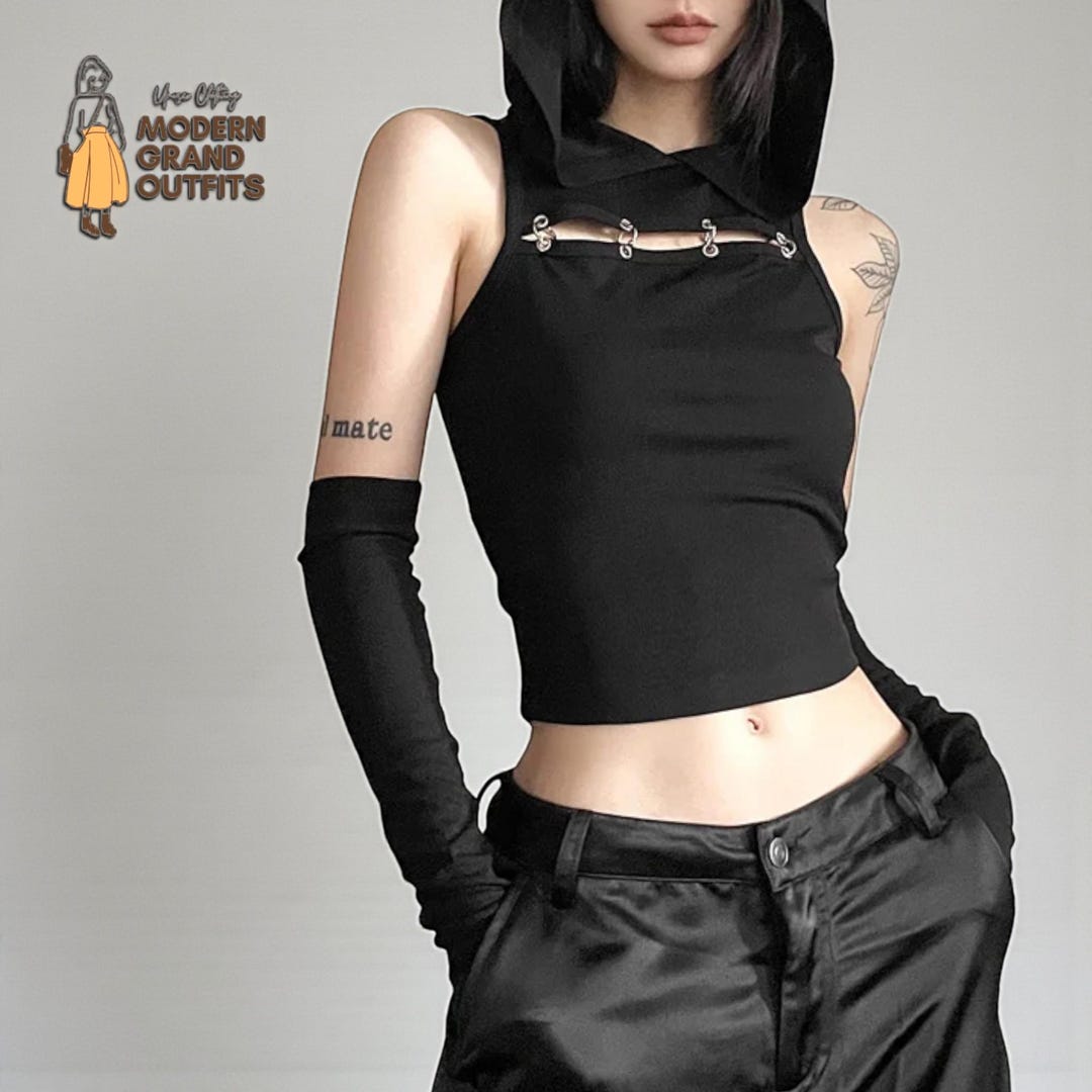 Gothic Hooded Sleeveless Top | Y2K Grunge Fashion - Etsy