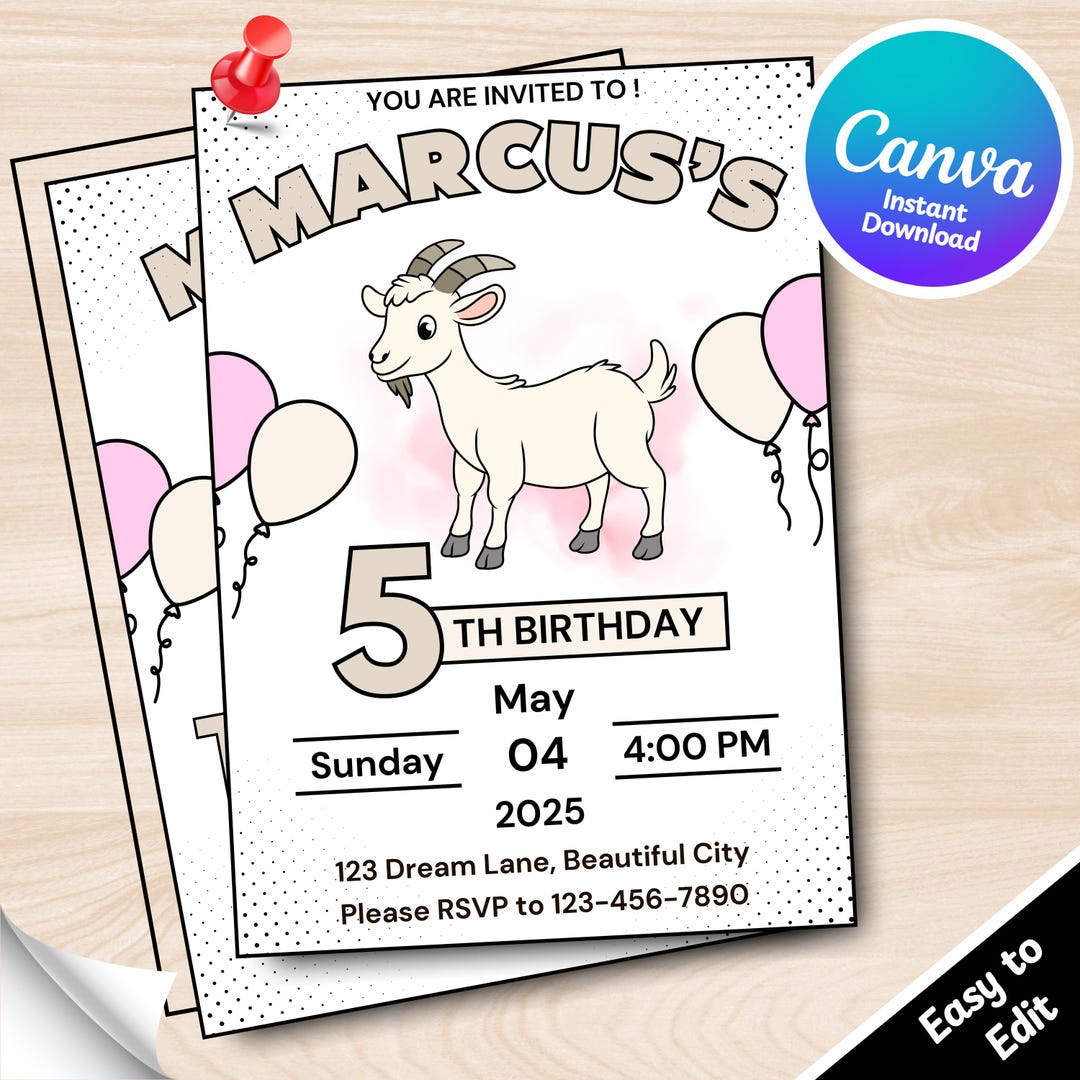 Editable Cute Baby Goat Birthday Invitation Personalized Canva Template ...