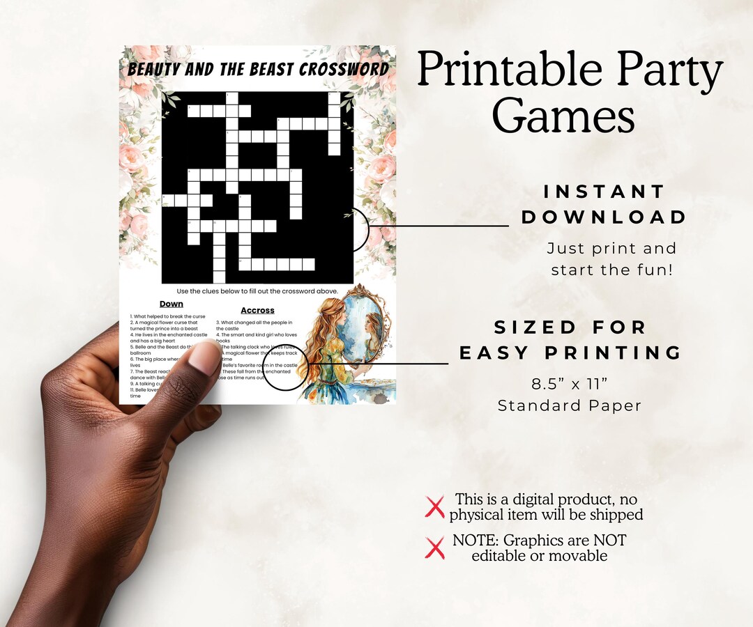 Princess Mirror Crossword Puzzle: Beauty and the Beast Party Game ...