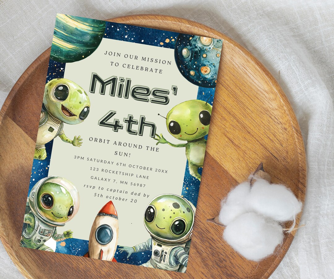 Alien Birthday Invitation: Green Space Party, Editable Canva Template ...
