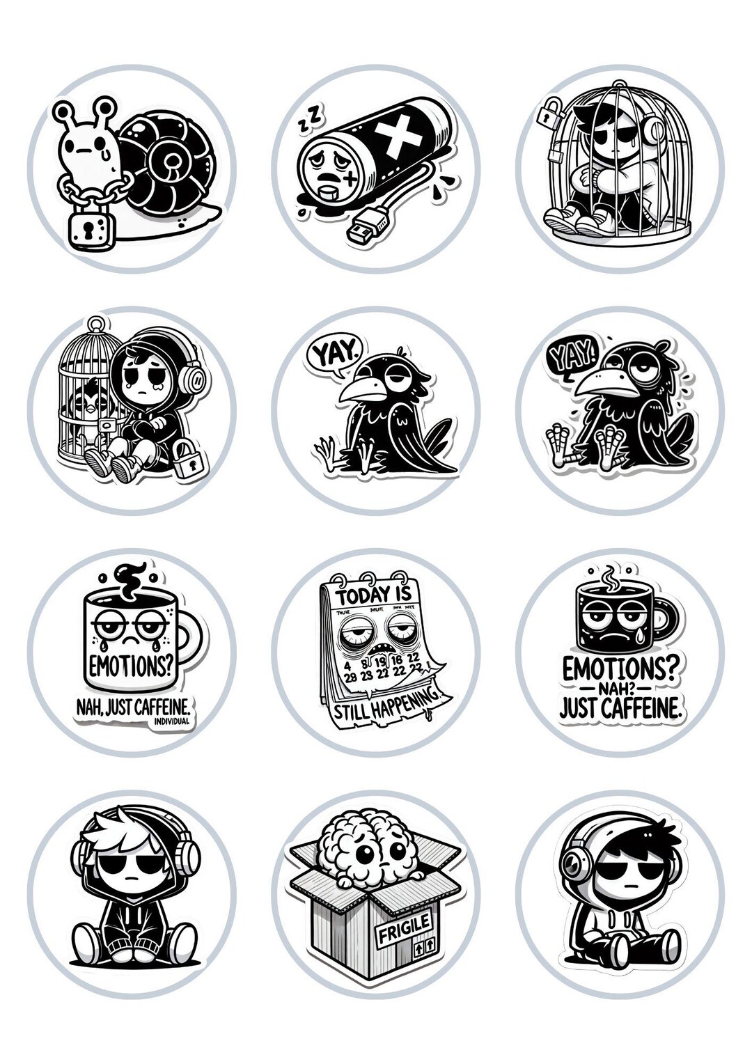 Sad but Cute – 51 Black & White Emotional Stickers | Mental Health ...