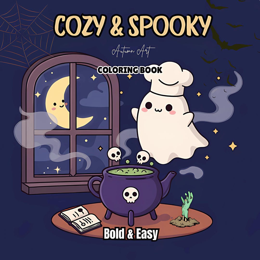 Cozy Spooky Coloring Book: 50 Bold & Easy Halloween Designs | Instant ...