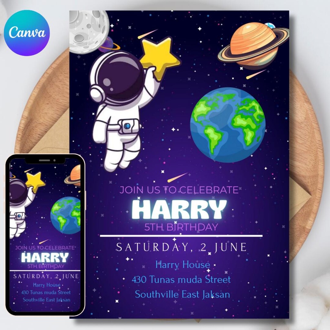 Editable Astronaut Birthday Invitation, Space Theme Party Canva ...