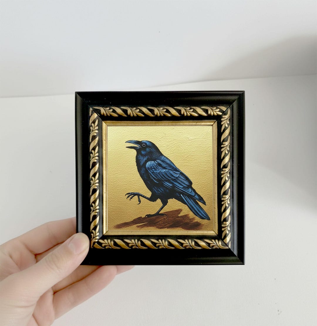 Original Raven Mini Oil Painting Gold Background Handmade Framed Gothic ...