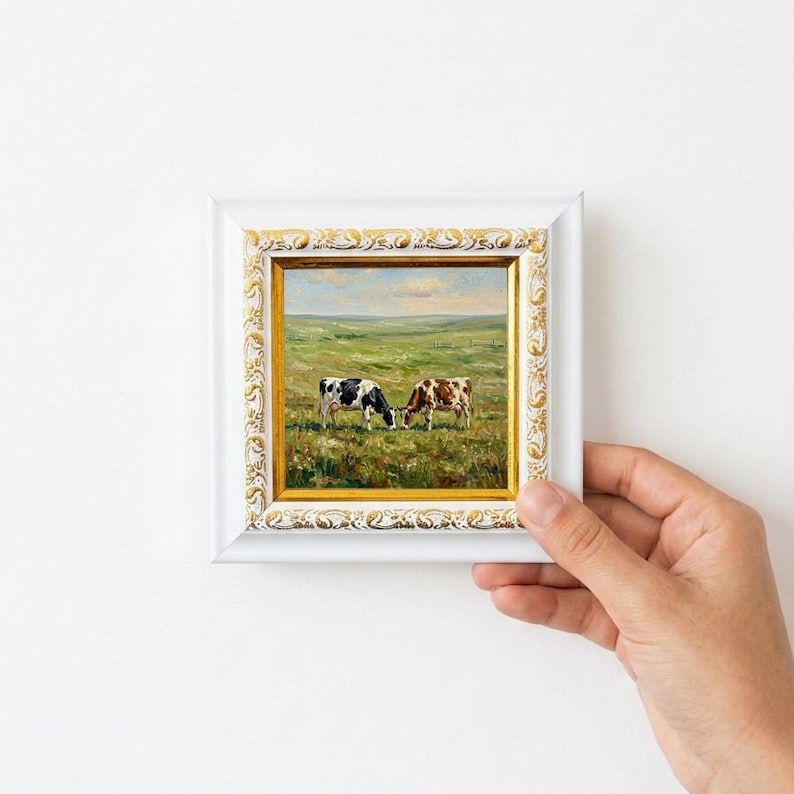 Grazing Cow Oil Painting, Small Framed Canvas Art - Etsy