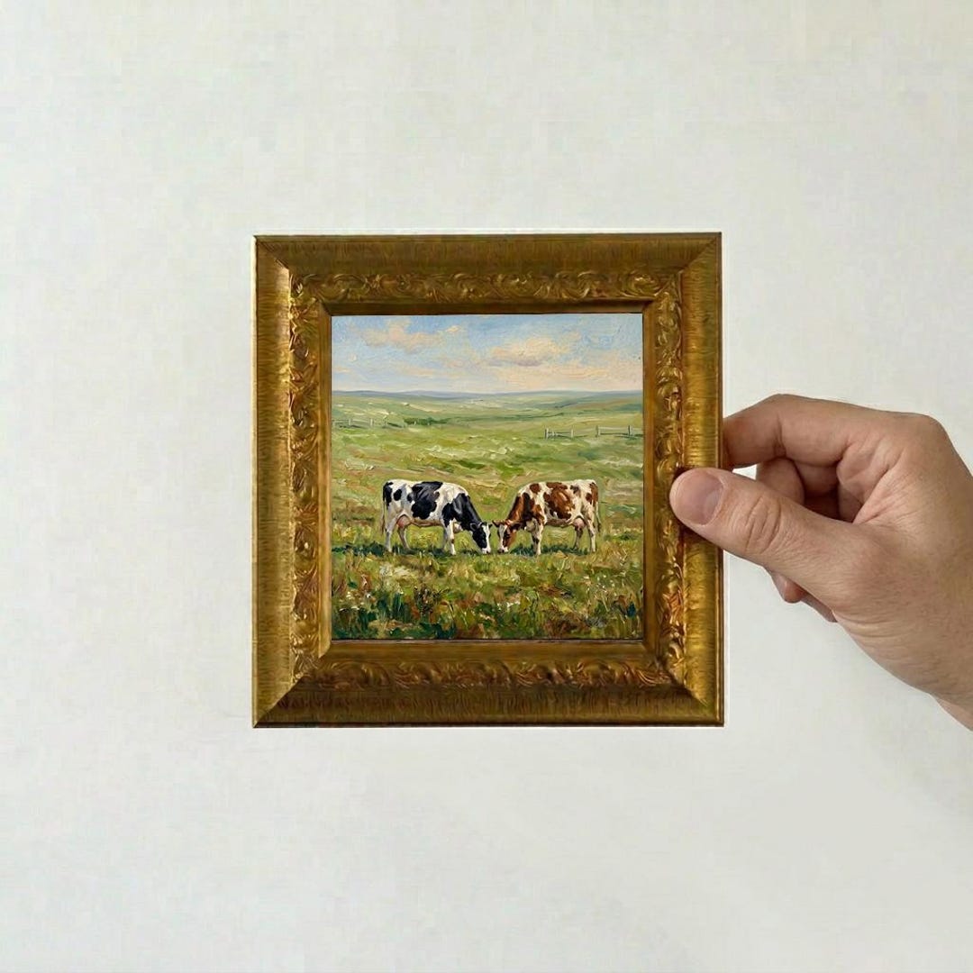 Grazing Cow Oil Painting, Small Framed Canvas Art - Etsy