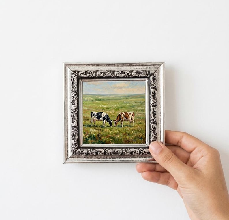 Grazing Cow Oil Painting, Small Framed Canvas Art - Etsy
