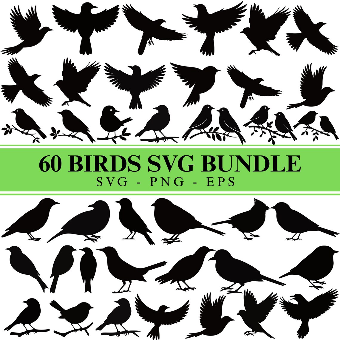 Bird SVG Bundle: 60 Flying Bird Silhouettes, Clip Art (digital Download ...