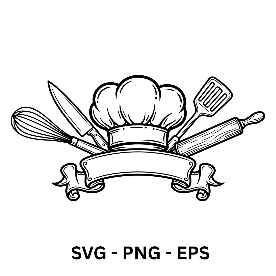 Svg chef cuisinier, toque et ustensiles de cuisine monogramme svg ...