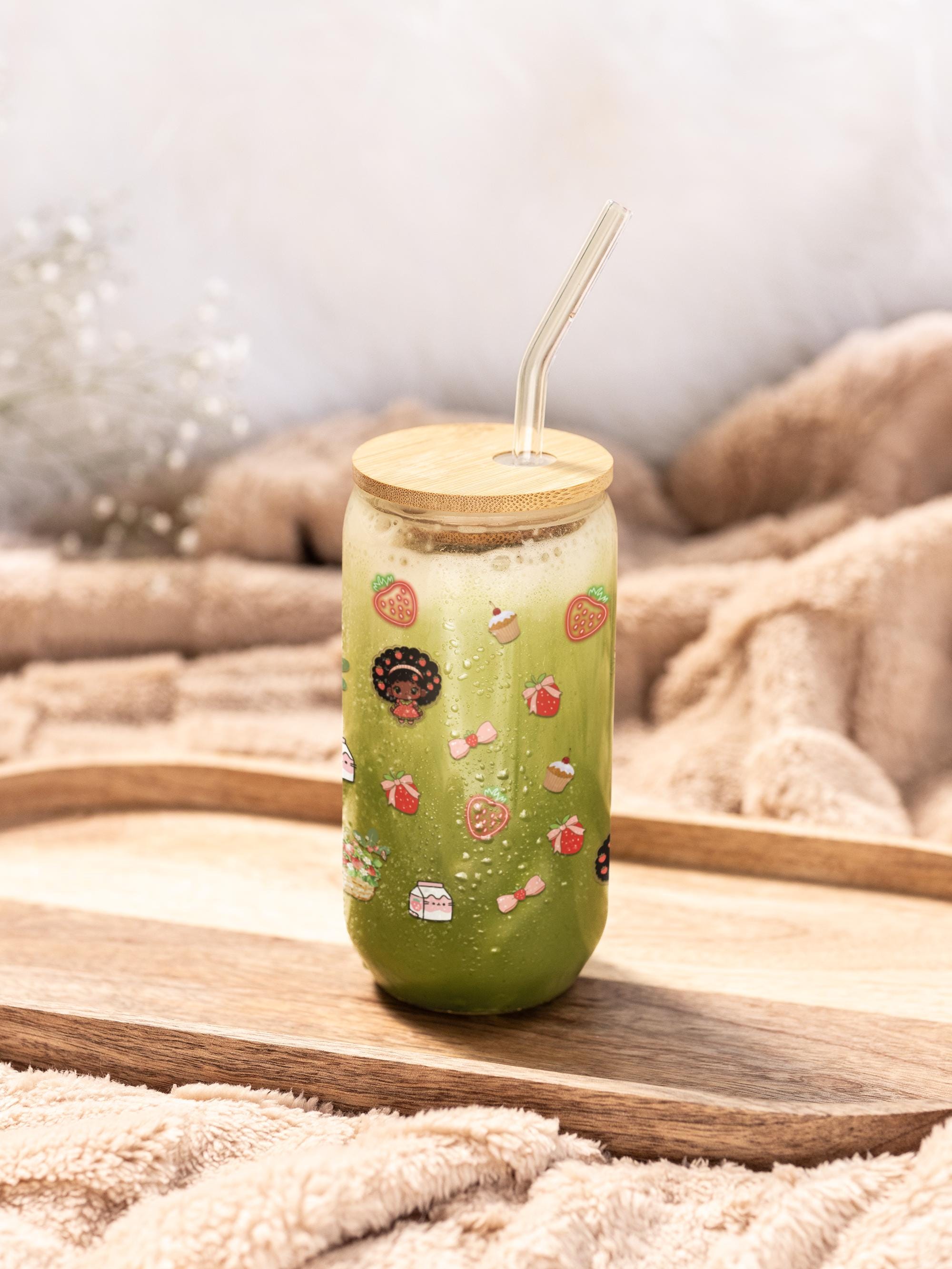 Strawberry Glass Sipper Cup With Lid Reusable Cute Print for Summer ...