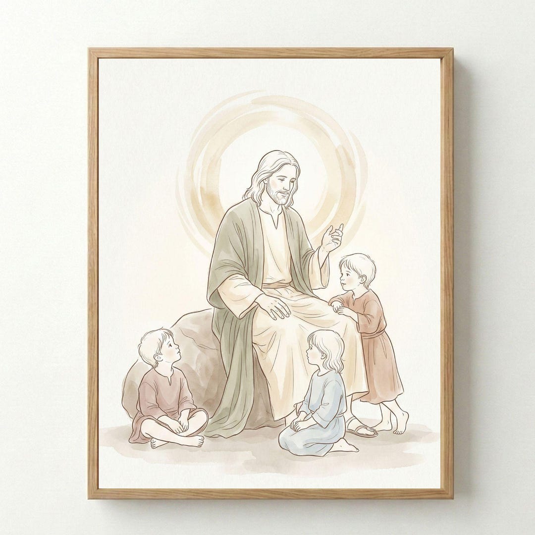 Jesus Teaching Children Watercolor Art Print, Minimalist Christian ...