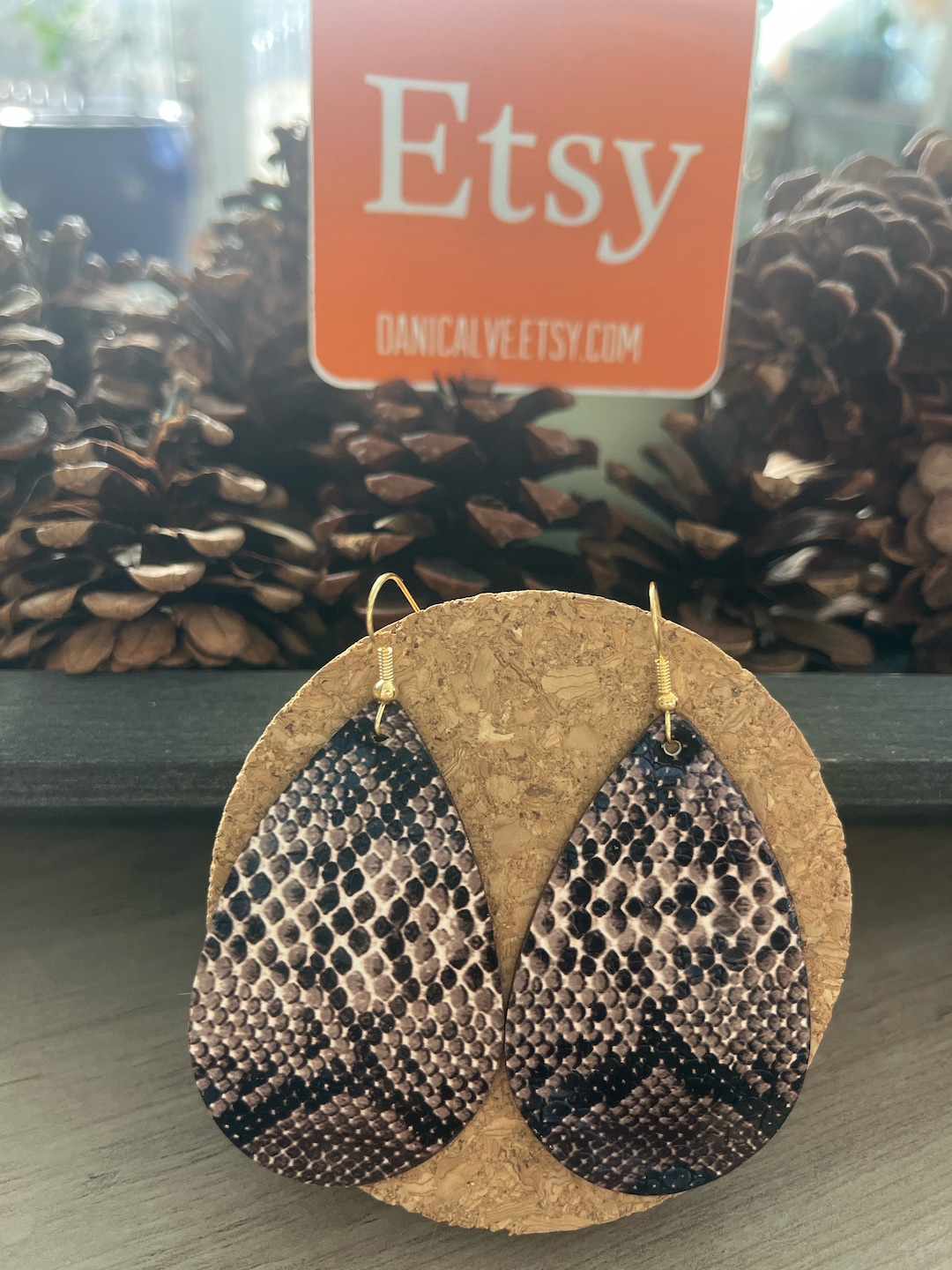Desert Python Print Fabric Teardrop Earrings With Gold Finish Ear Wire Hook 25 Inches Long