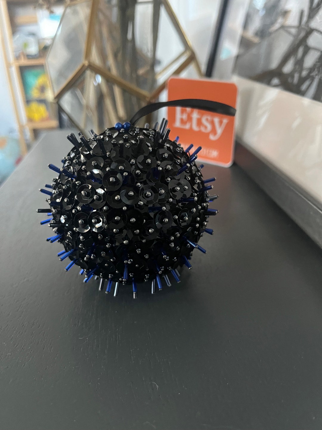 The Madison Hand Pinned Black & Blue Sequins Glass Beaded Ornament, 3.5 ...