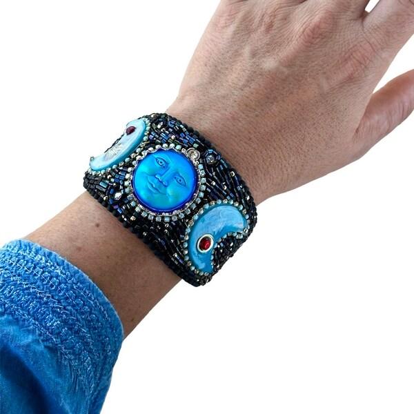Celestial Ocean With Scarabs and Stars Blue Bracelet Hand Embroidered ...