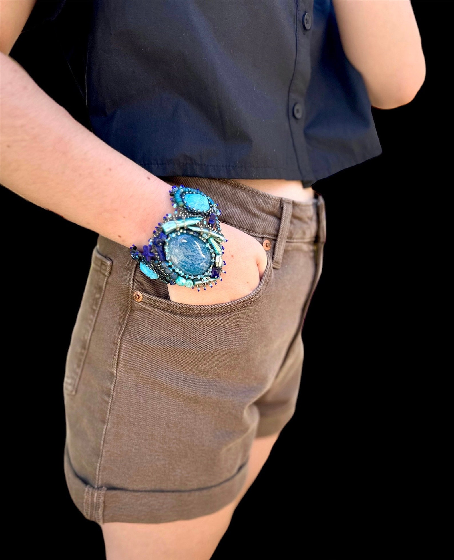 Celestial Ocean With Scarabs and Stars Blue Bracelet; Hand Embroidered ...