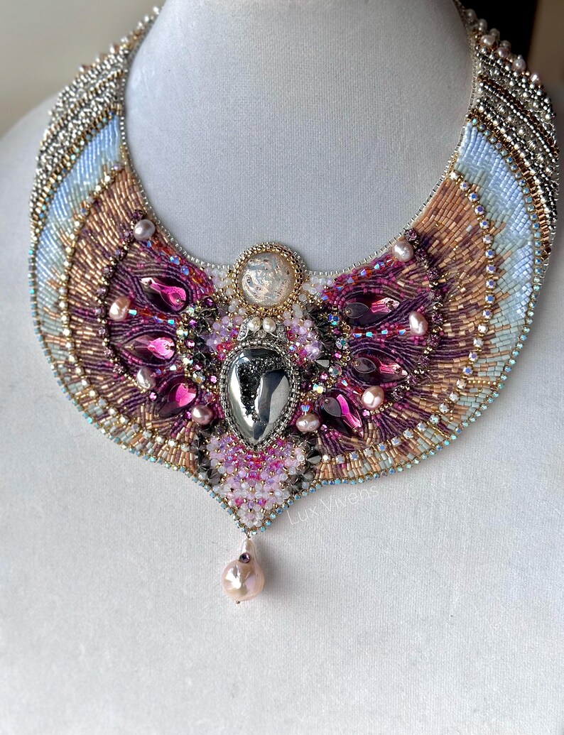 Abstract Winged Scarab Embroidery Necklace Hand Embroidered Colorful ...