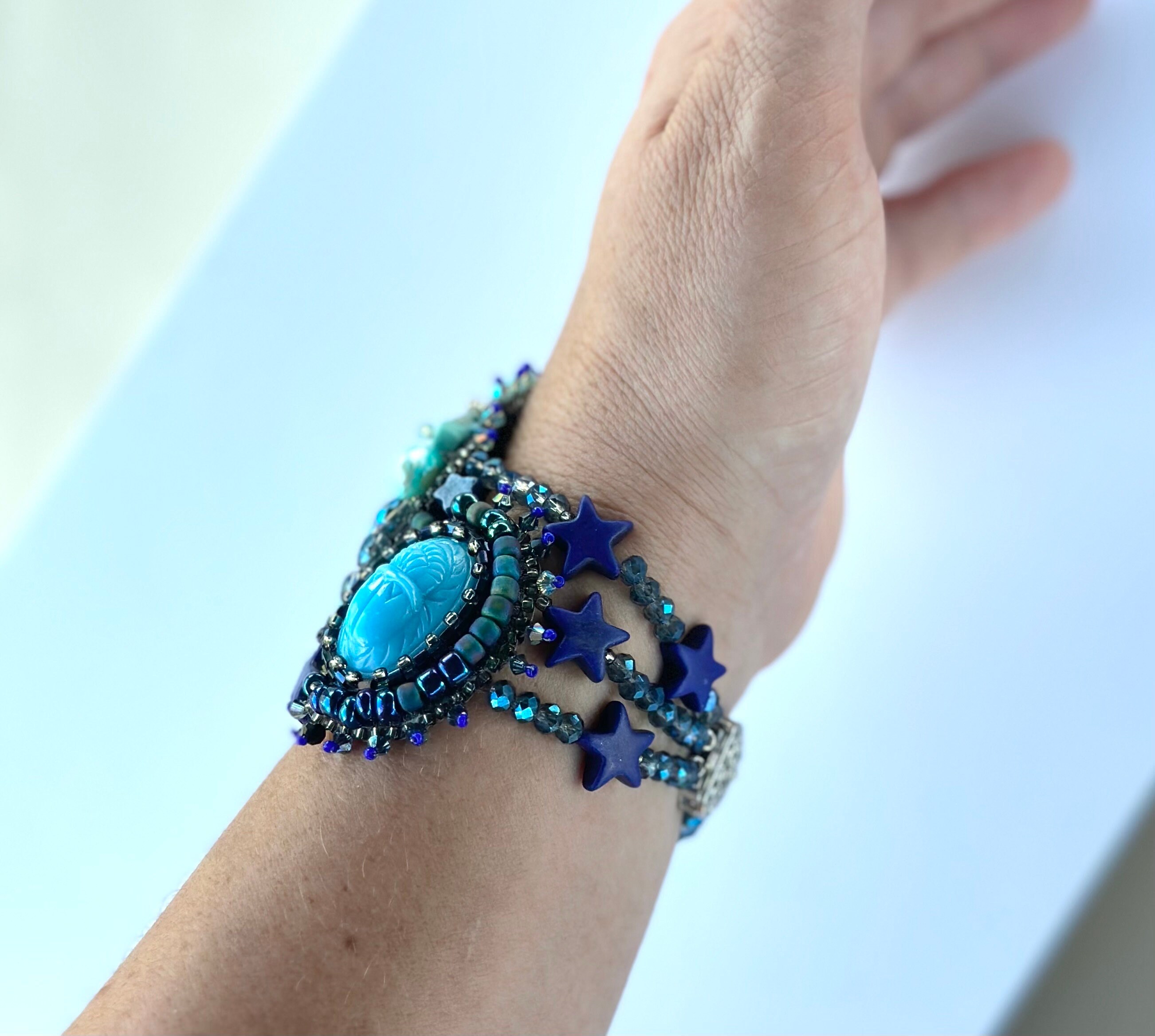 Celestial Ocean With Scarabs and Stars Blue Bracelet; Hand Embroidered ...