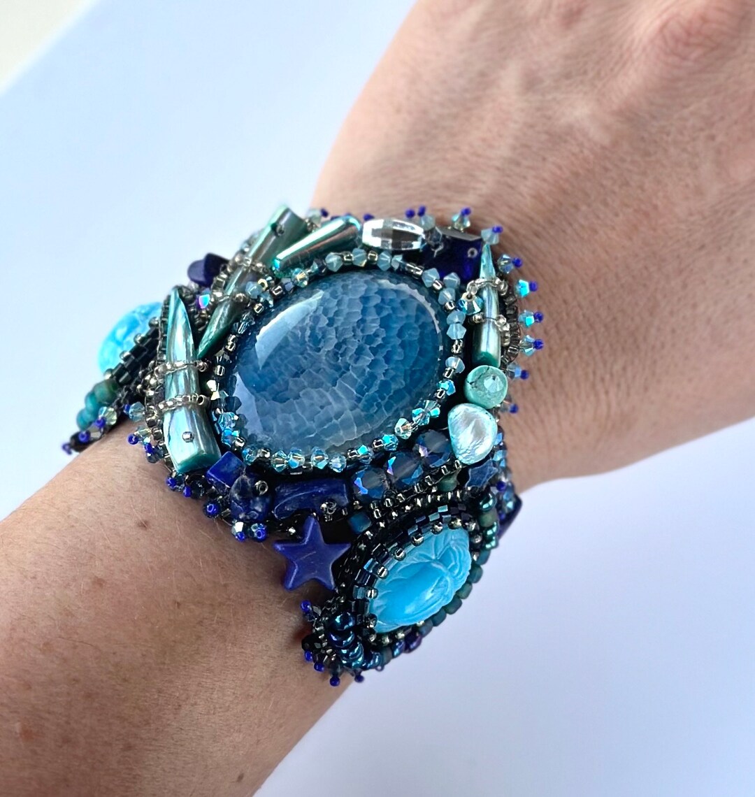 Celestial Ocean With Scarabs and Stars Blue Bracelet; Hand Embroidered ...