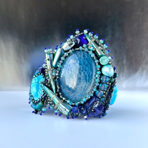 Celestial Ocean With Scarabs and Stars Blue Bracelet; Hand Embroidered ...