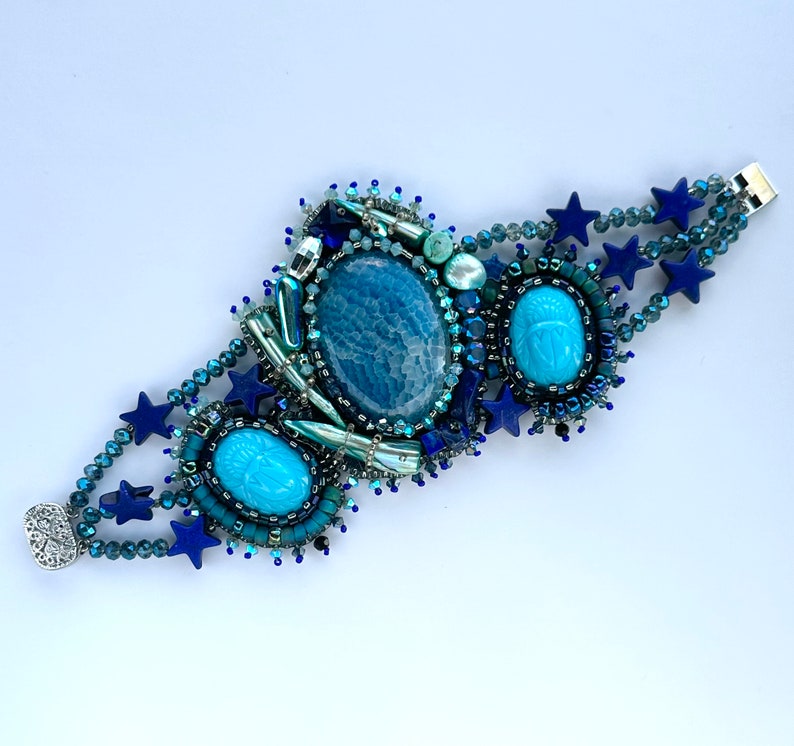 Celestial Ocean With Scarabs and Stars Blue Bracelet; Hand Embroidered ...