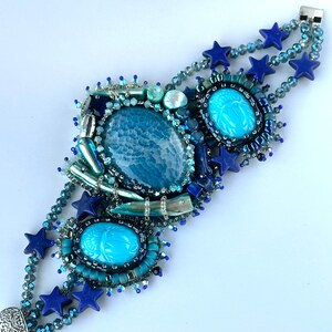 Celestial Ocean With Scarabs and Stars Blue Bracelet; Hand Embroidered ...