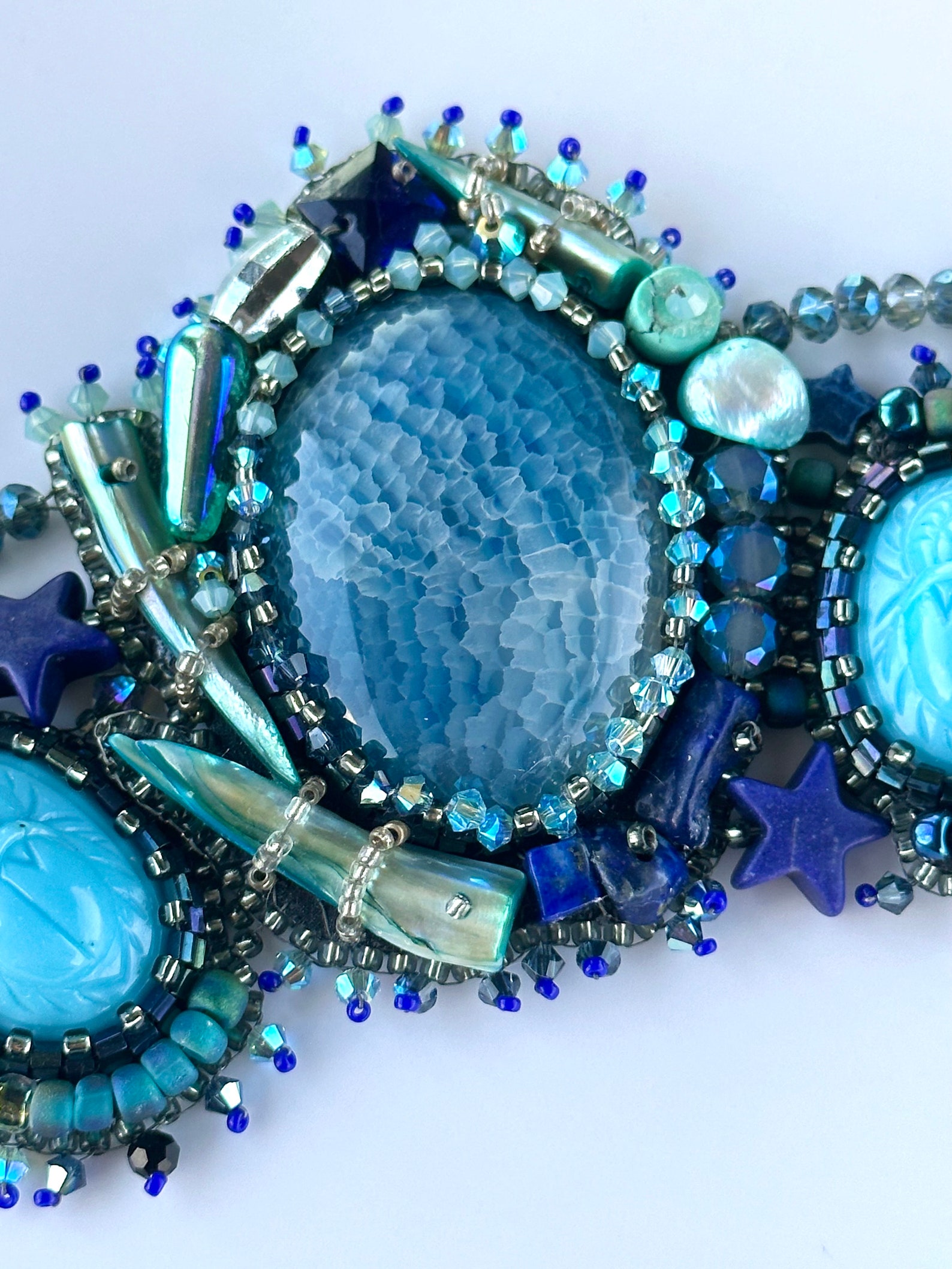 Celestial Ocean With Scarabs and Stars Blue Bracelet; Hand Embroidered ...