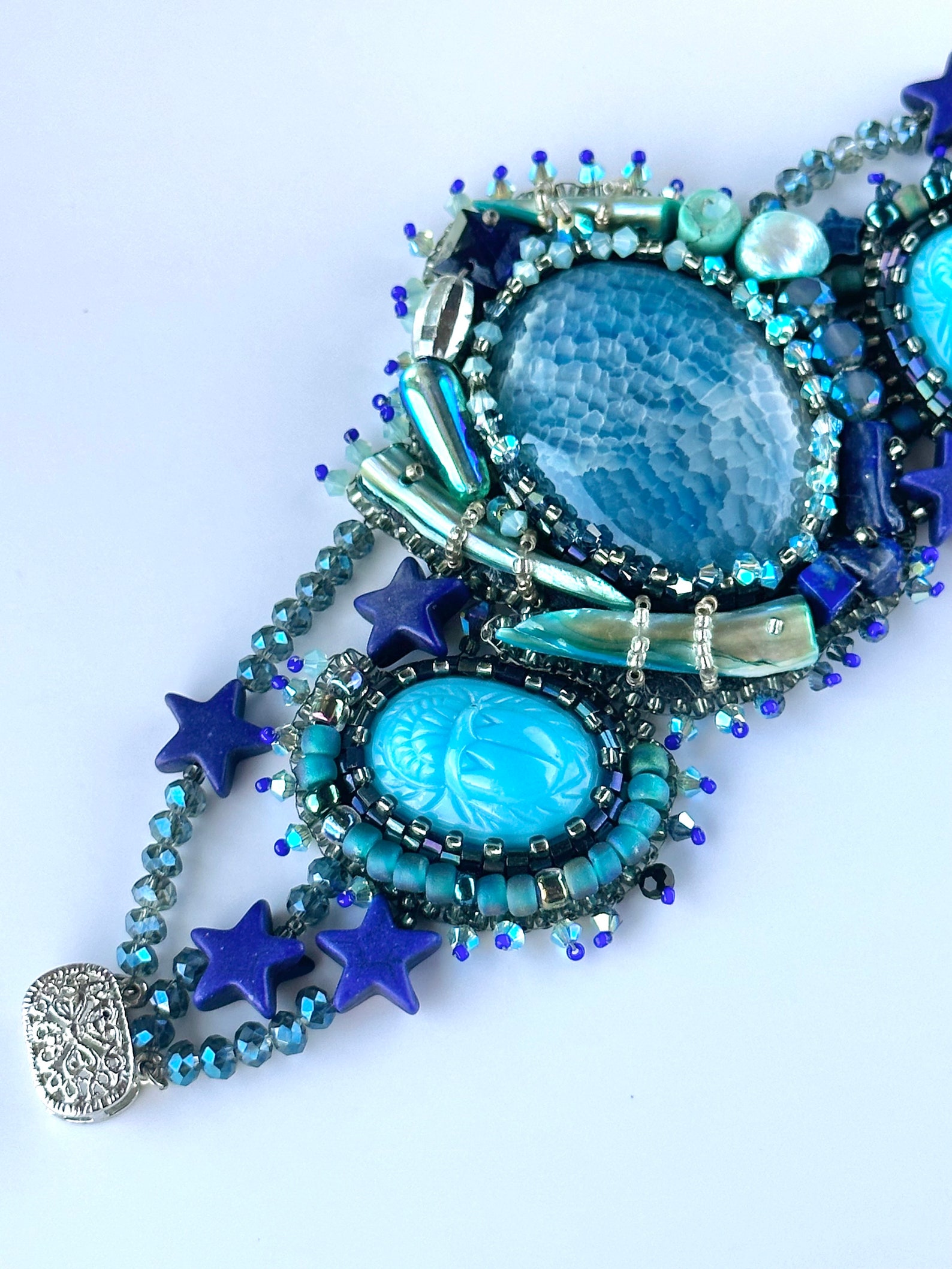 Celestial Ocean With Scarabs and Stars Blue Bracelet; Hand Embroidered ...