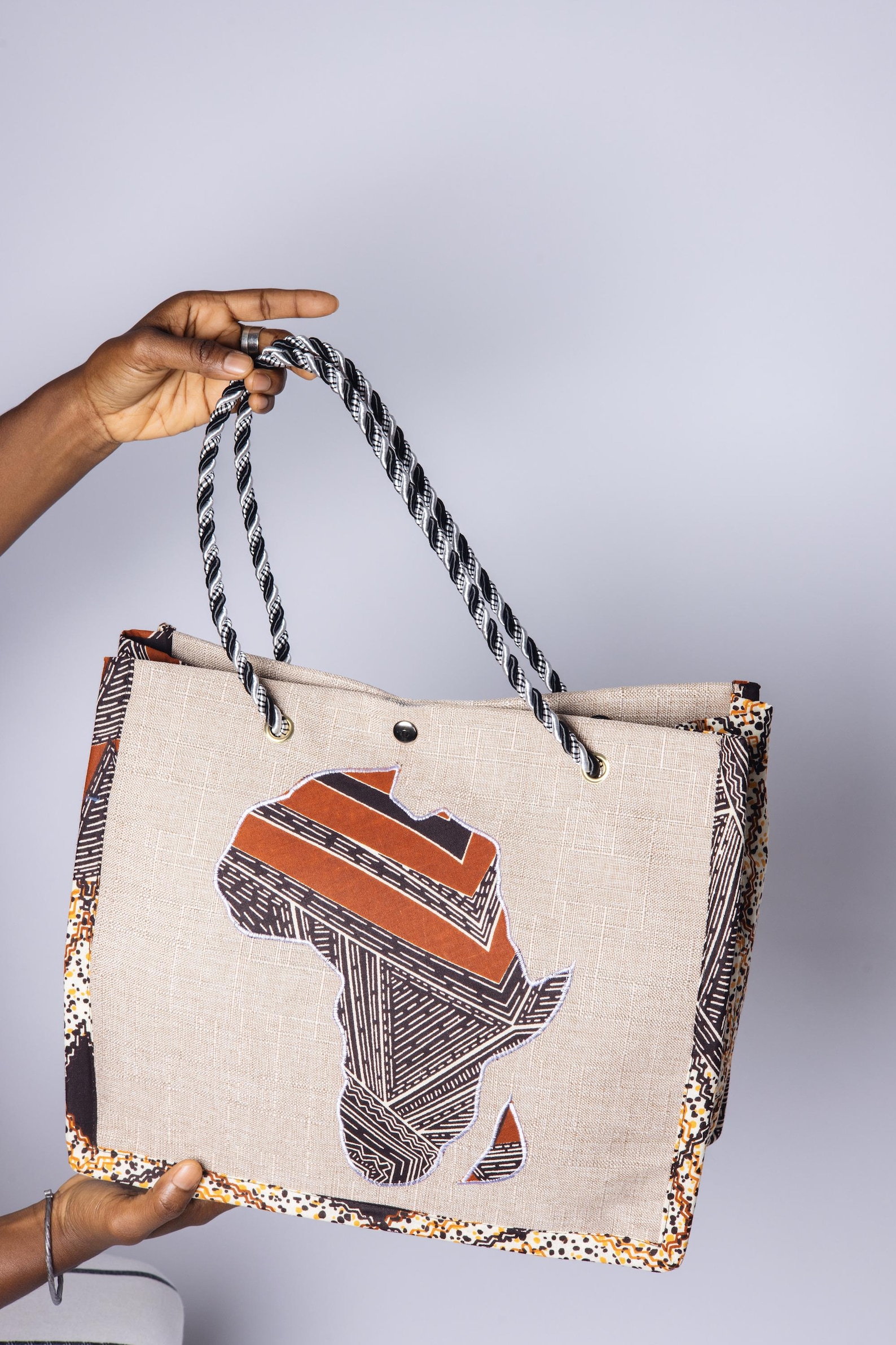 Afrocentric Jute Tote Bag: Beige & Rust African Map Appliqué - Etsy