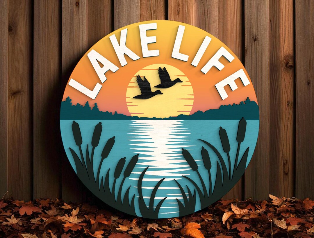 Lake Life Round Sign Digital Laser Cut SVG – Sunset, Ducks, Cattails ...