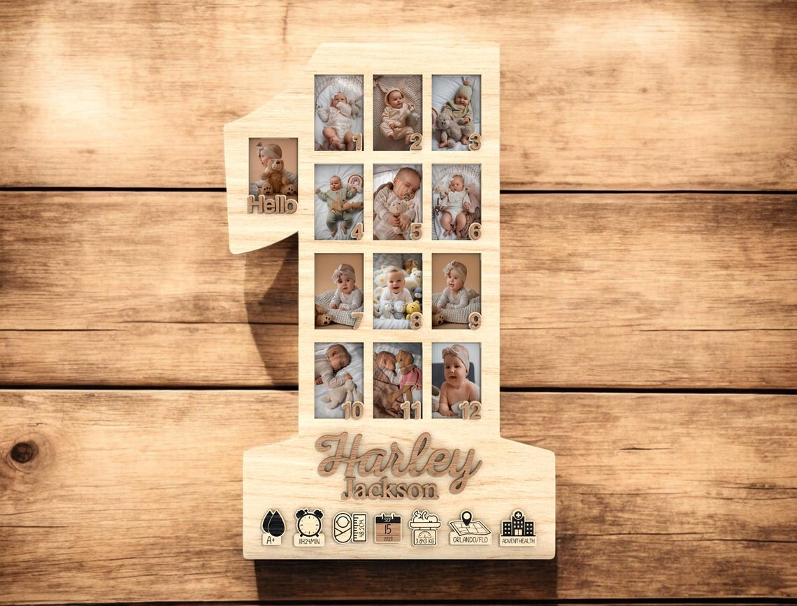 Number 1 Baby Laser Cut Photo Frame SVG – 12 Month Milestone Laser Cut ...