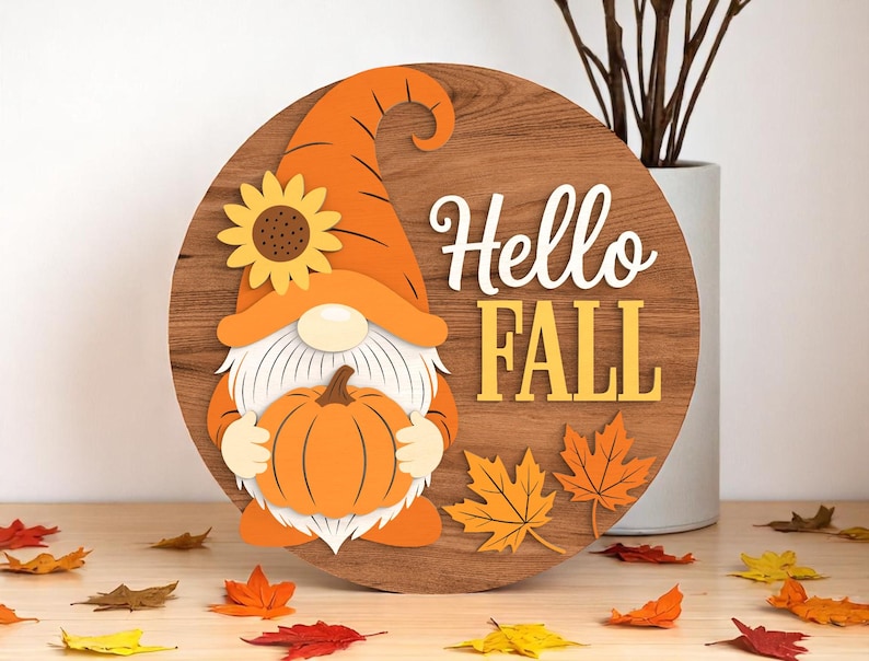Hello Fall Gnome Welcome Sign Digital Files SVG - Layered Digital Laser ...