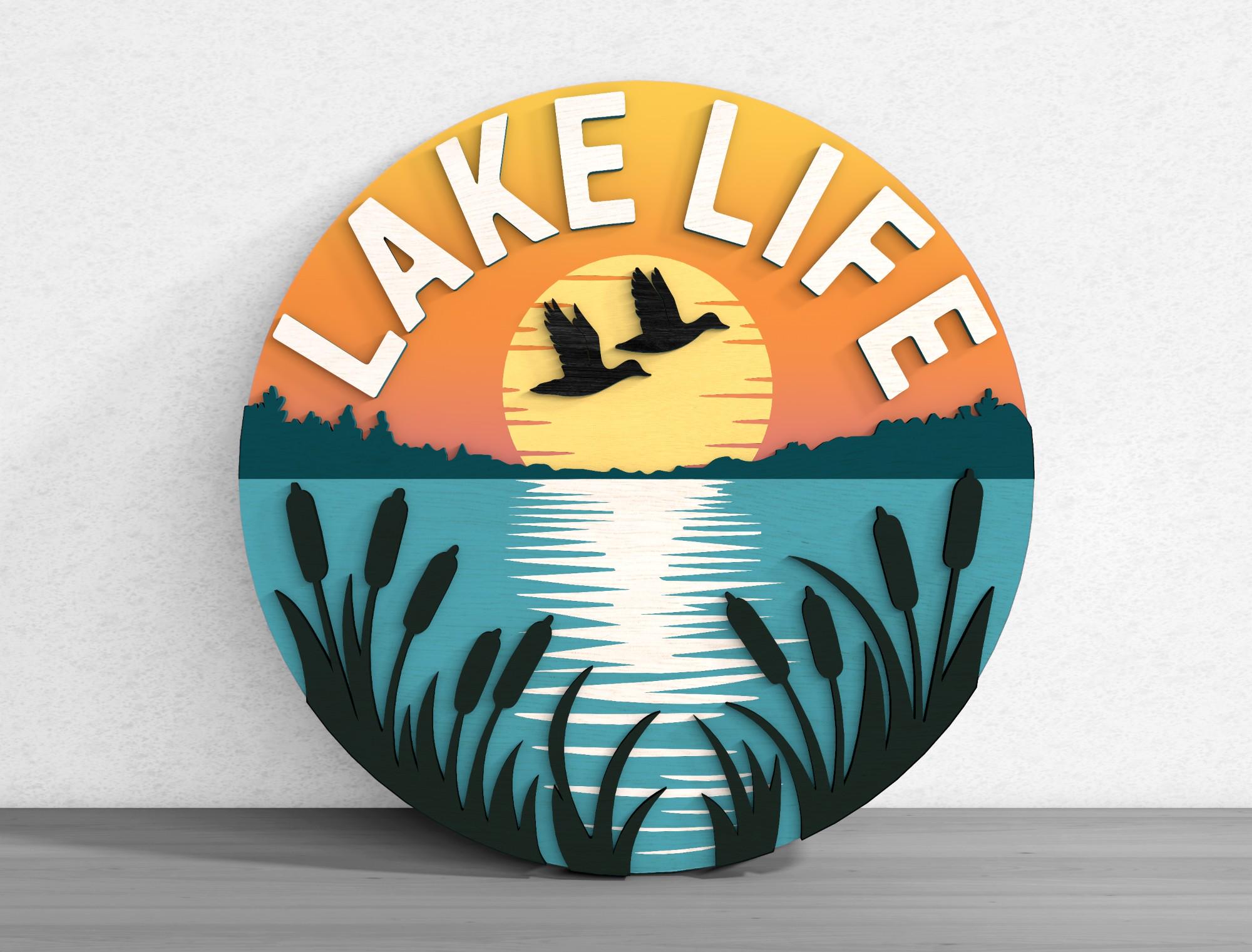 Lake Life Round Sign Digital Laser Cut SVG – Sunset, Ducks, Cattails ...