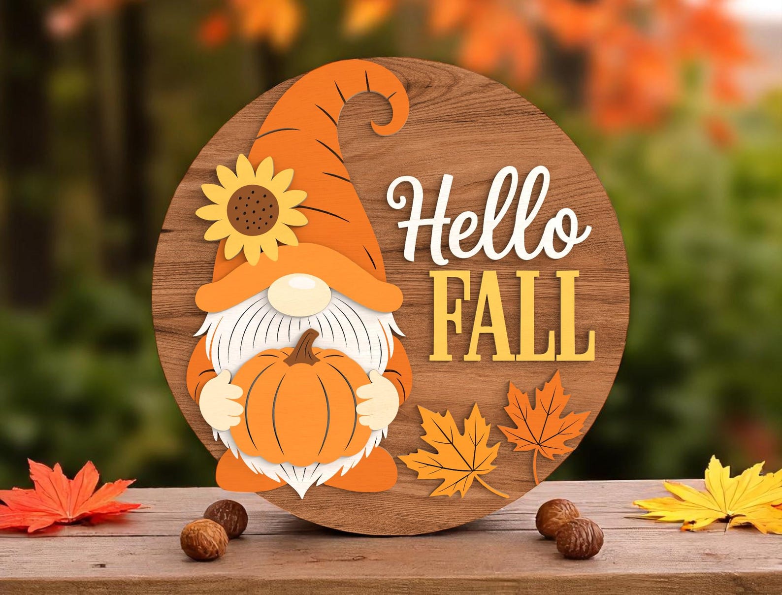 Hello Fall Gnome Welcome Sign Digital Files SVG - Layered Digital Laser ...