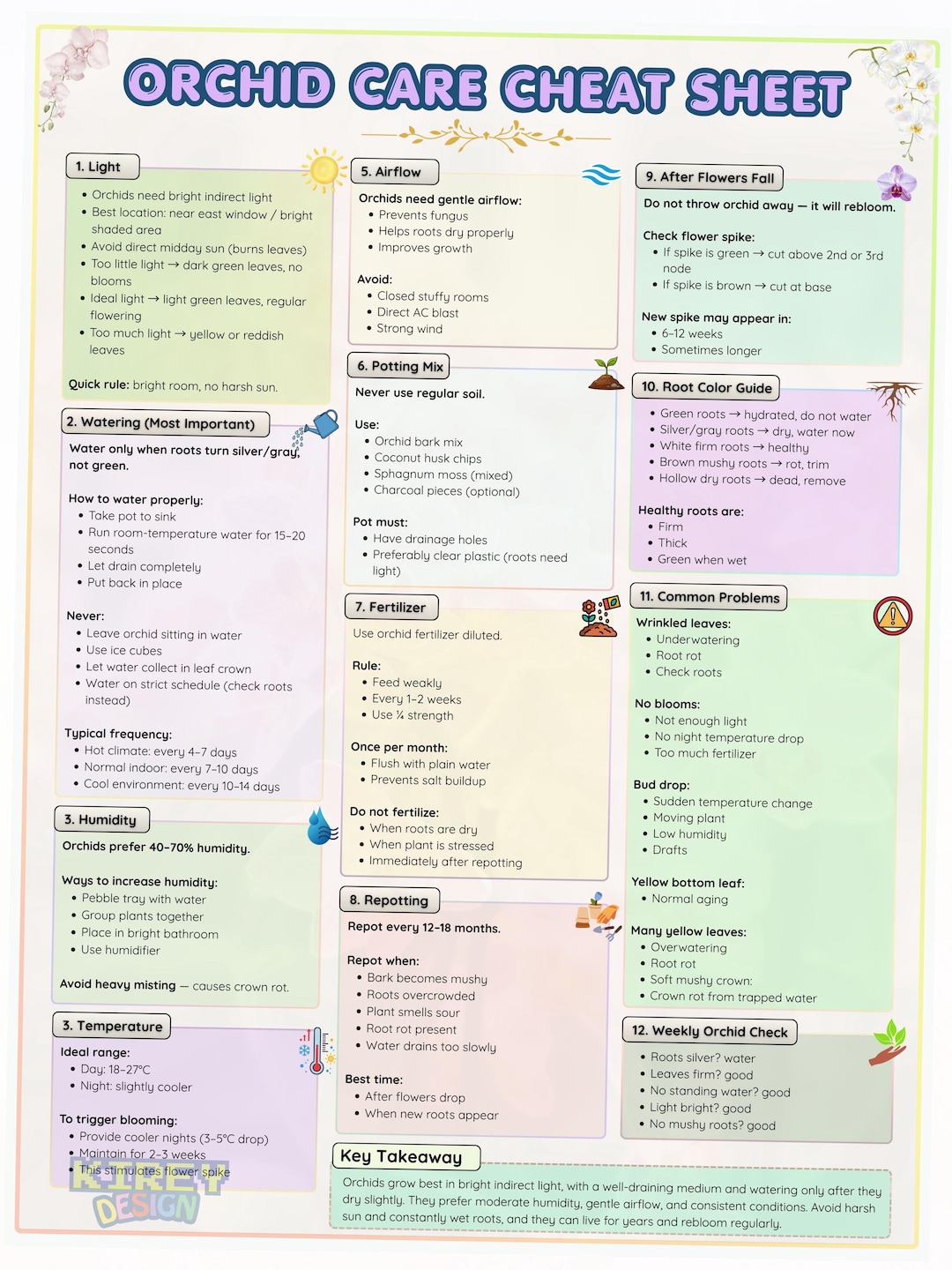 Orchid Care Cheat Sheet – Light, Watering, Repotting, Humidity Guide ...