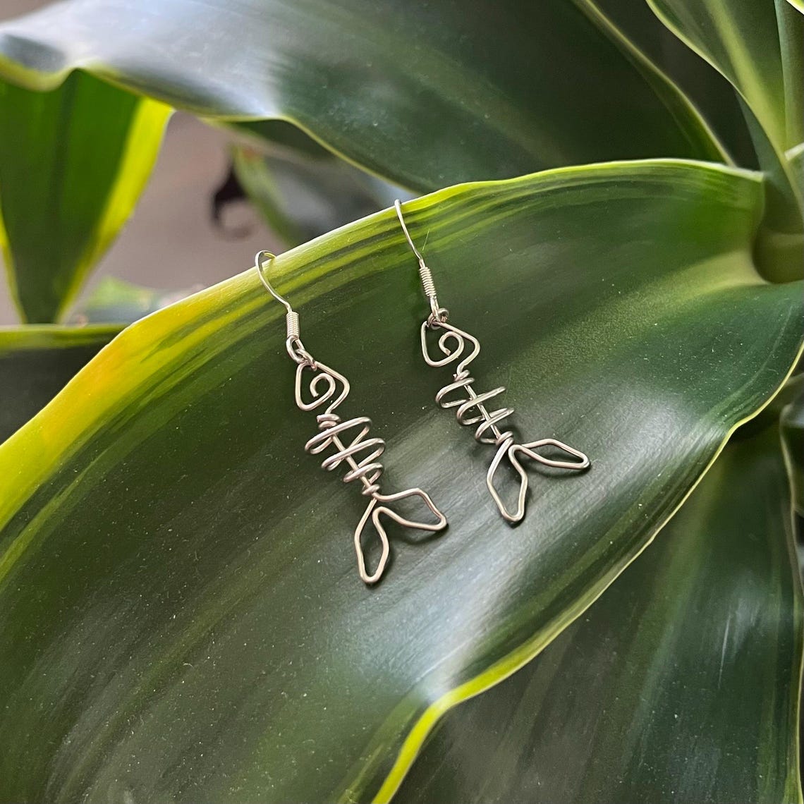 Wire Fish Bone Earrings, Handmade Spiral Animal Skeleton Design ...