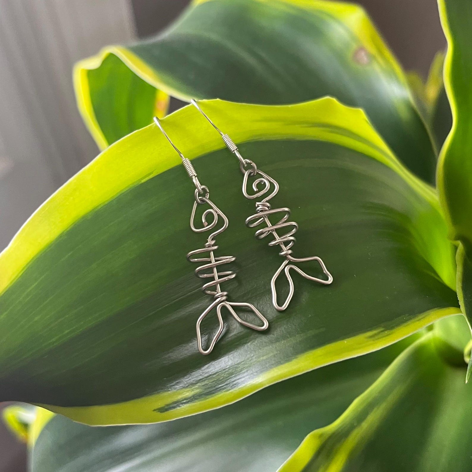 Wire Fish Bone Earrings, Handmade Spiral Animal Skeleton Design ...